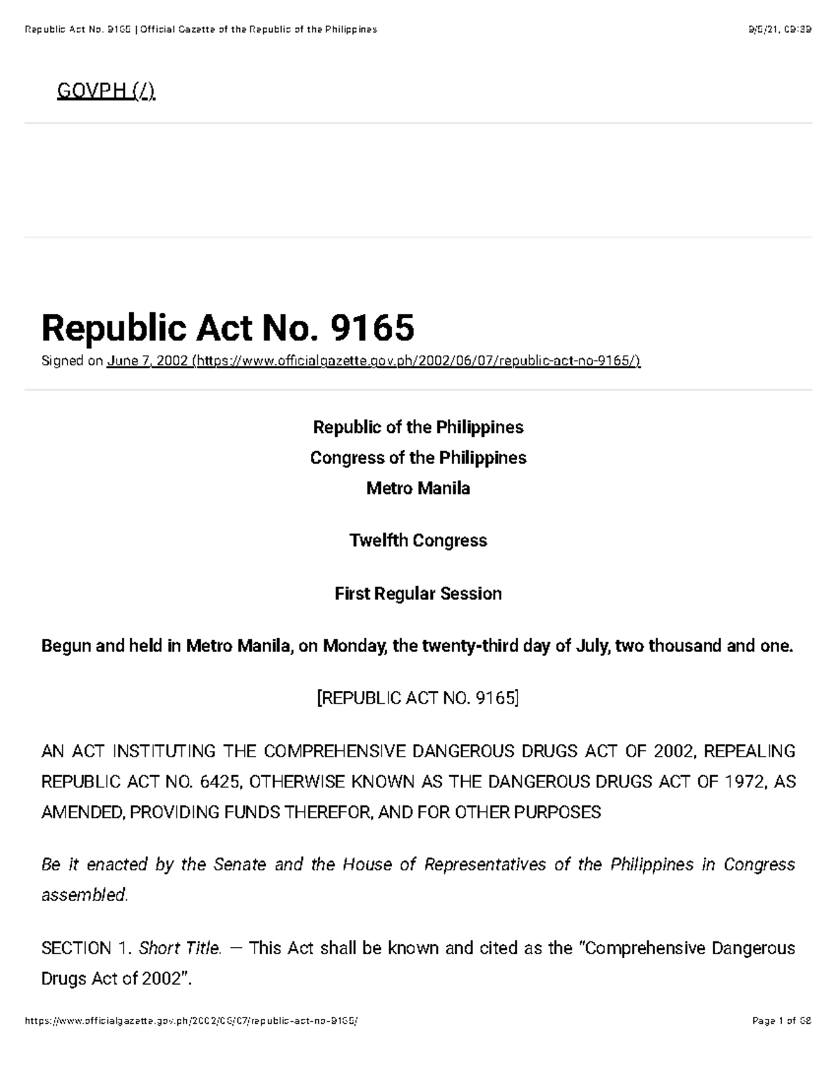 -republic act no. 9165 -comprehensive dangerous drugs act of 2002 - Republic Act No. 9165 Signed ...