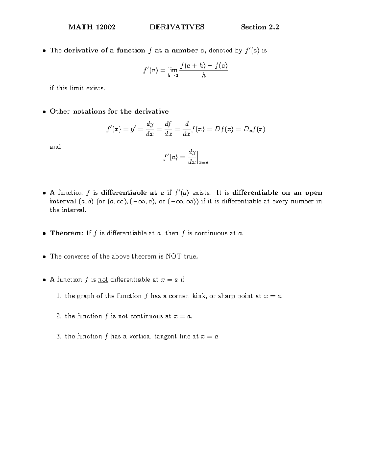 Derivatives - MATH 12002 DERIVATIVES Section 2. Thederivative of a ...