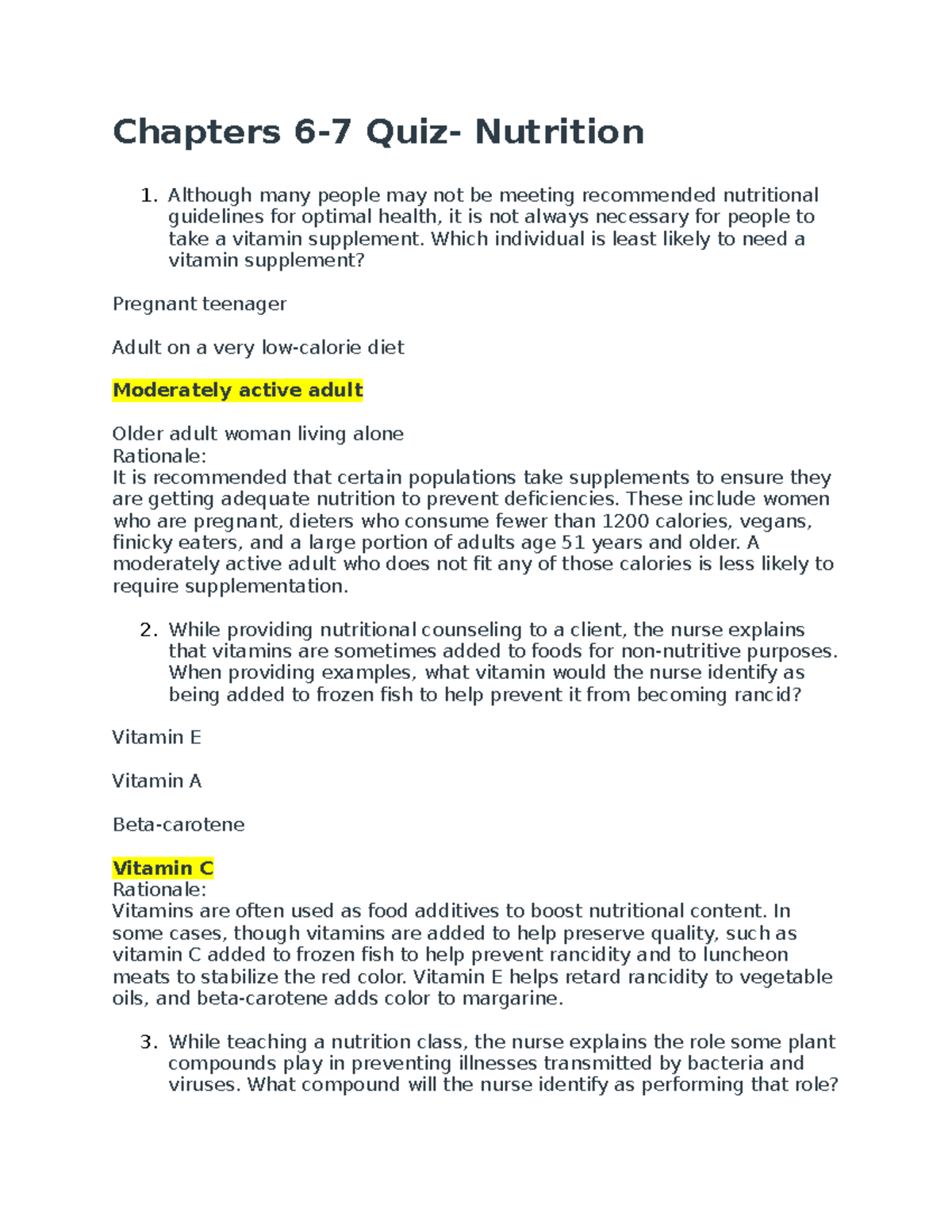 Chapters 6-7 Quiz- Nutrition - Chapters 6-7 Quiz- Nutrition Although many people may not be ...