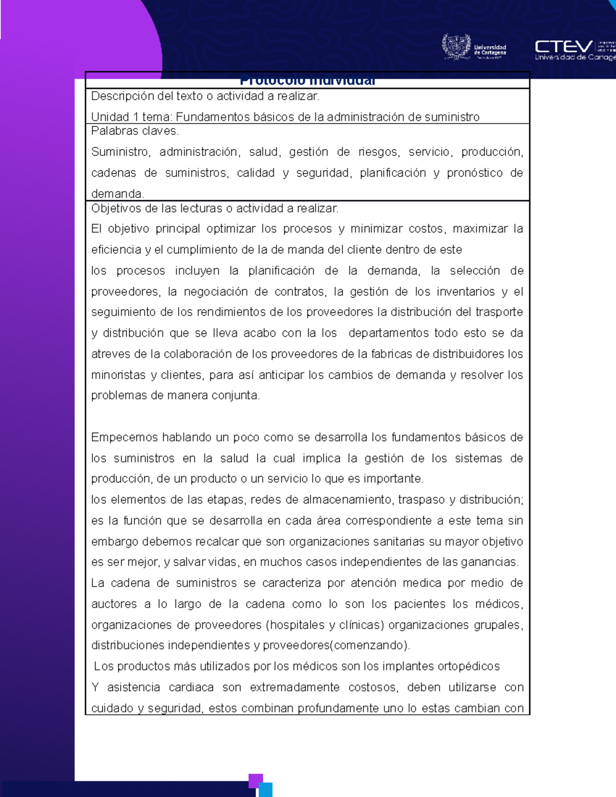 Protocolo Individual Unidad 1 Y 2 DE Suministro - Protocolo individual Descripción del texto o ...