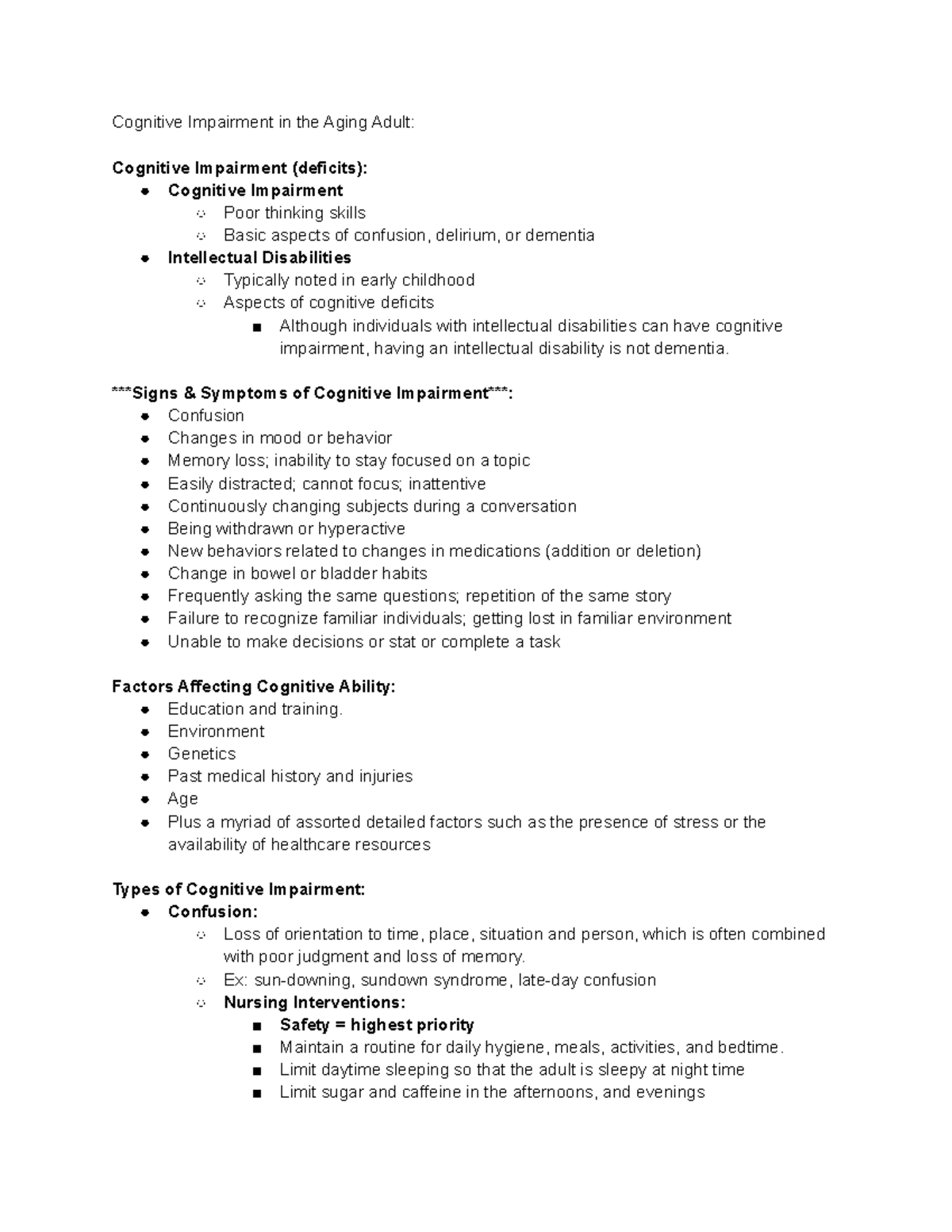 Care of the Elderly Test # 3 - Cognitive Impairment in the Aging Adult ...