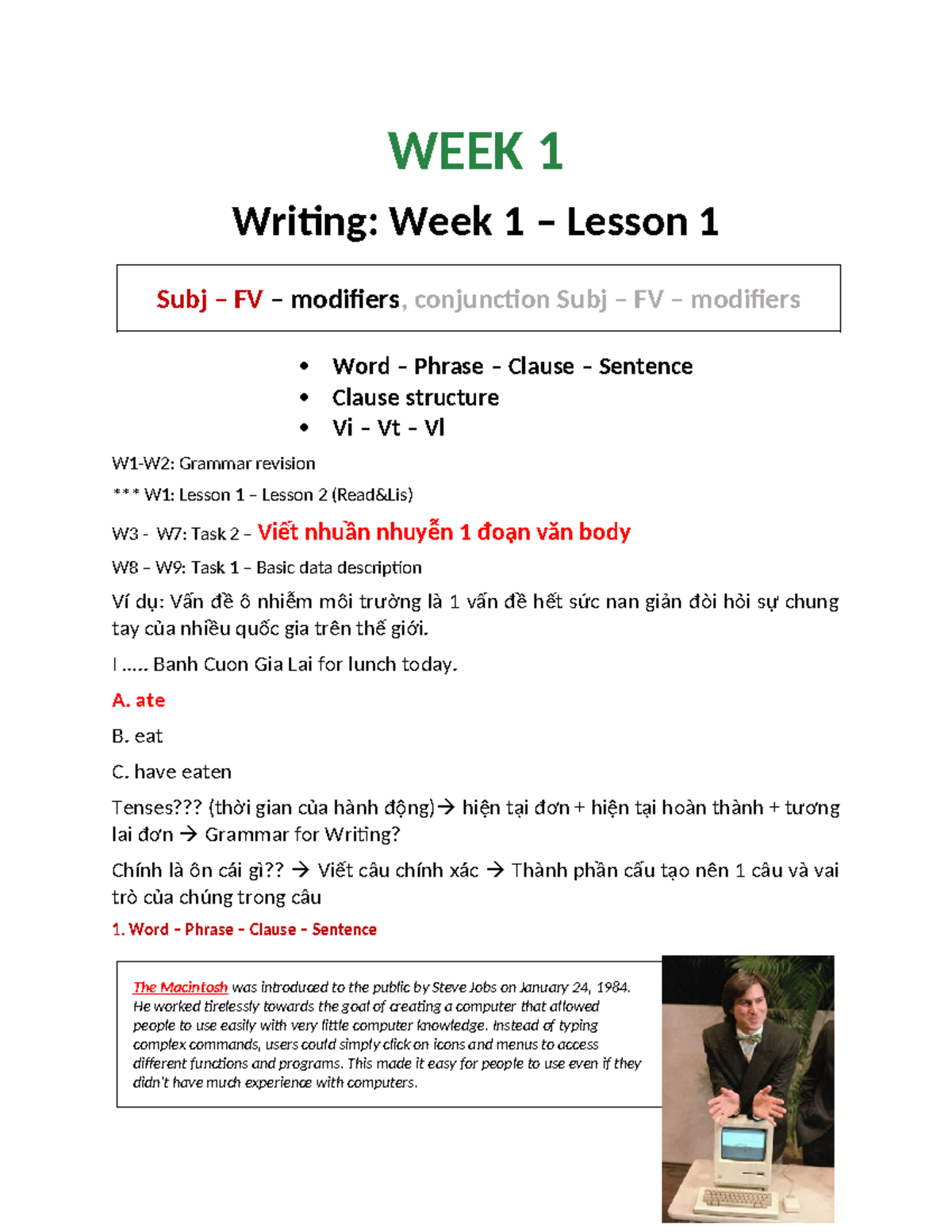 Writing week 1 trunk - WEEK 1 Writing: Week 1 – Lesson 1 Subj – FV ...
