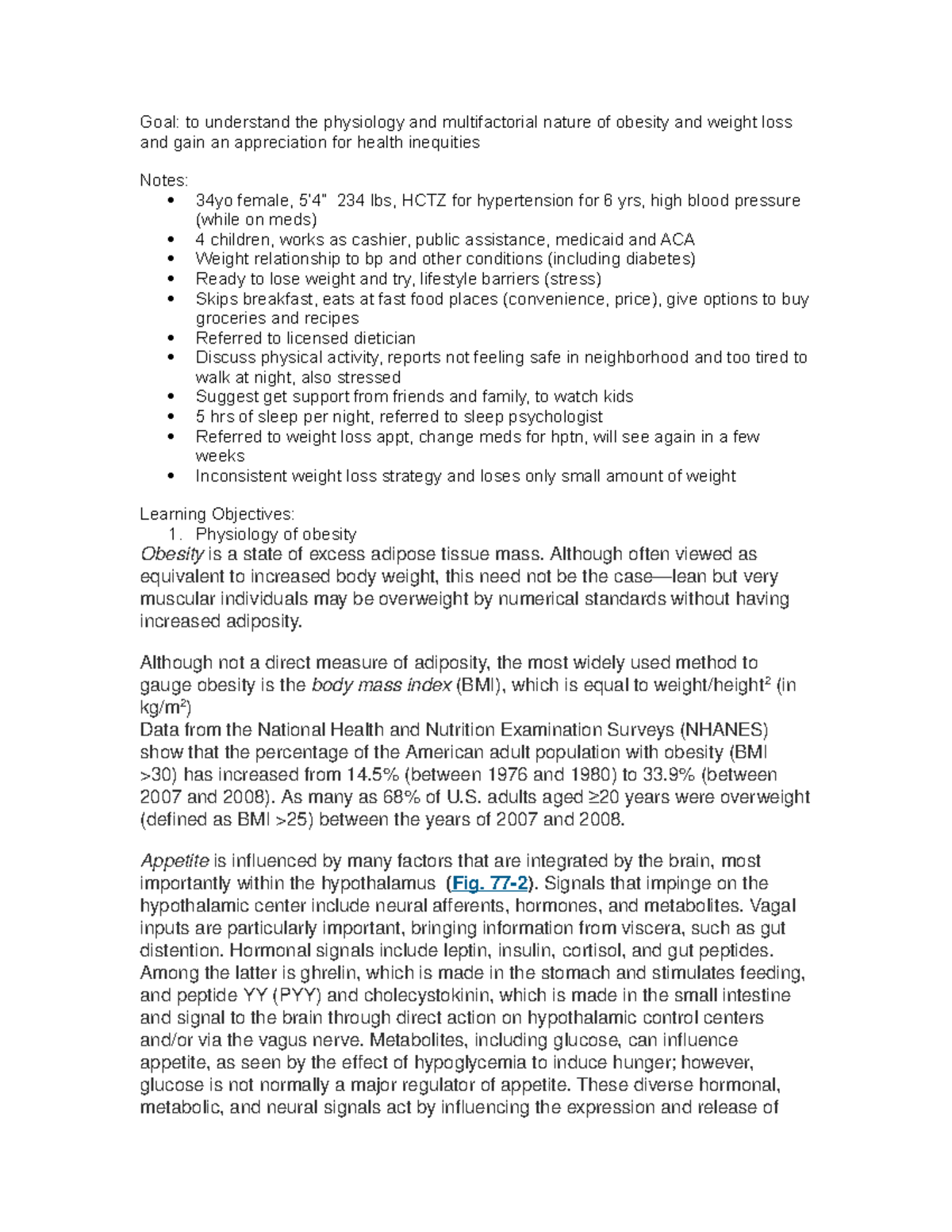 Obesity Case - Goal: to understand the physiology and multifactorial ...