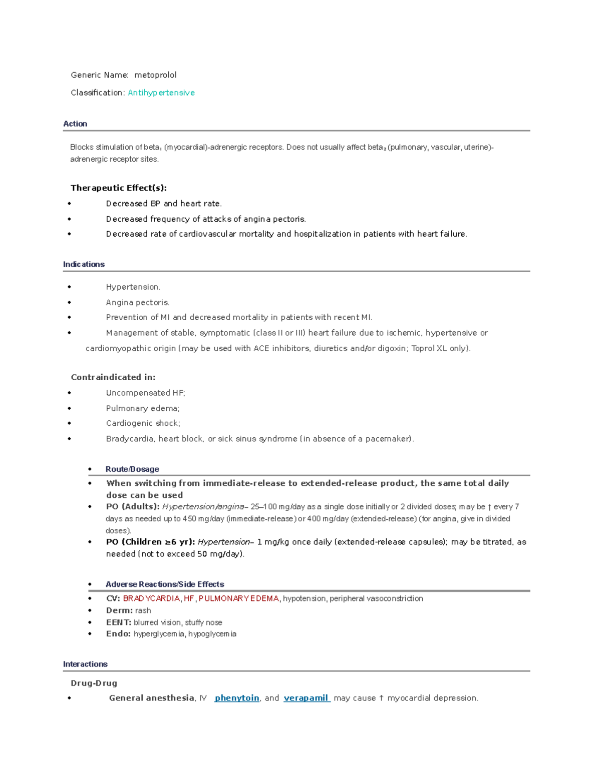 Metoprolol quick drug card - Generic Name: metoprolol Classification ...