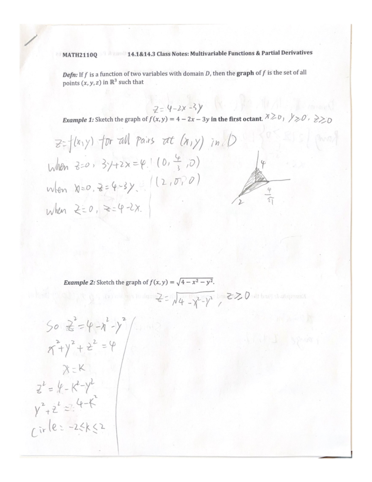 14 - preview class work - MATH2110Q Class Notes: Multivariable ...