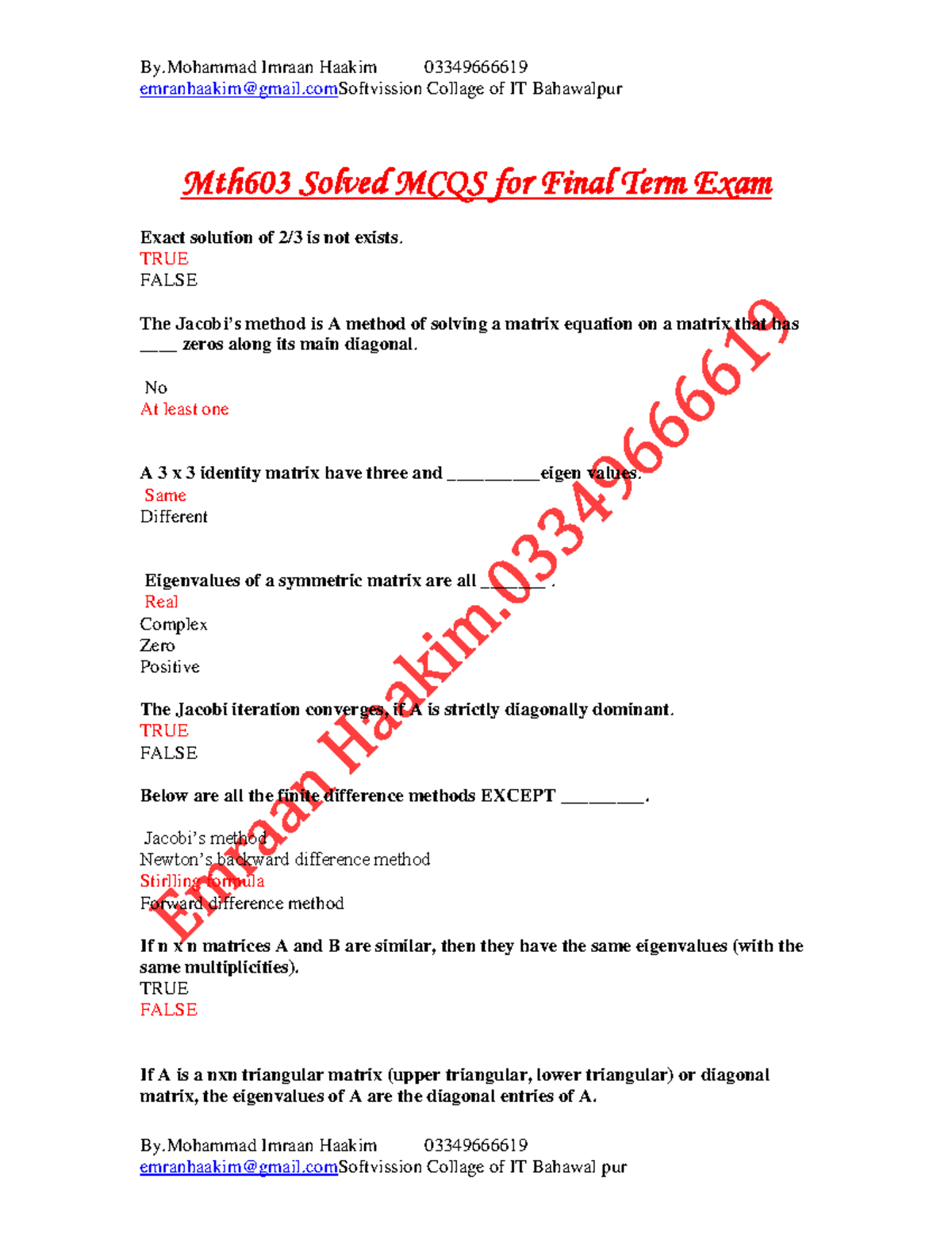MTH603 Final Term Solved MCQs - emranhaakim@gmail Collage of IT Bahawalpur By Imraan Haakim ...