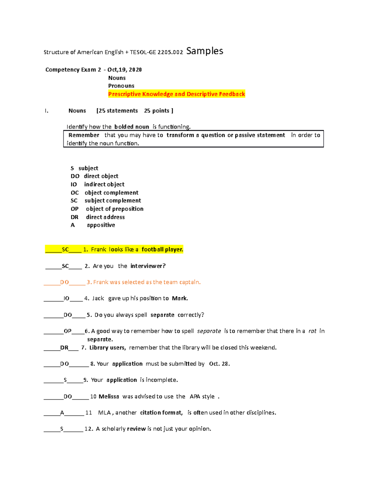 Sample Questions Comp 2 2 answer key - Structure of American English ...