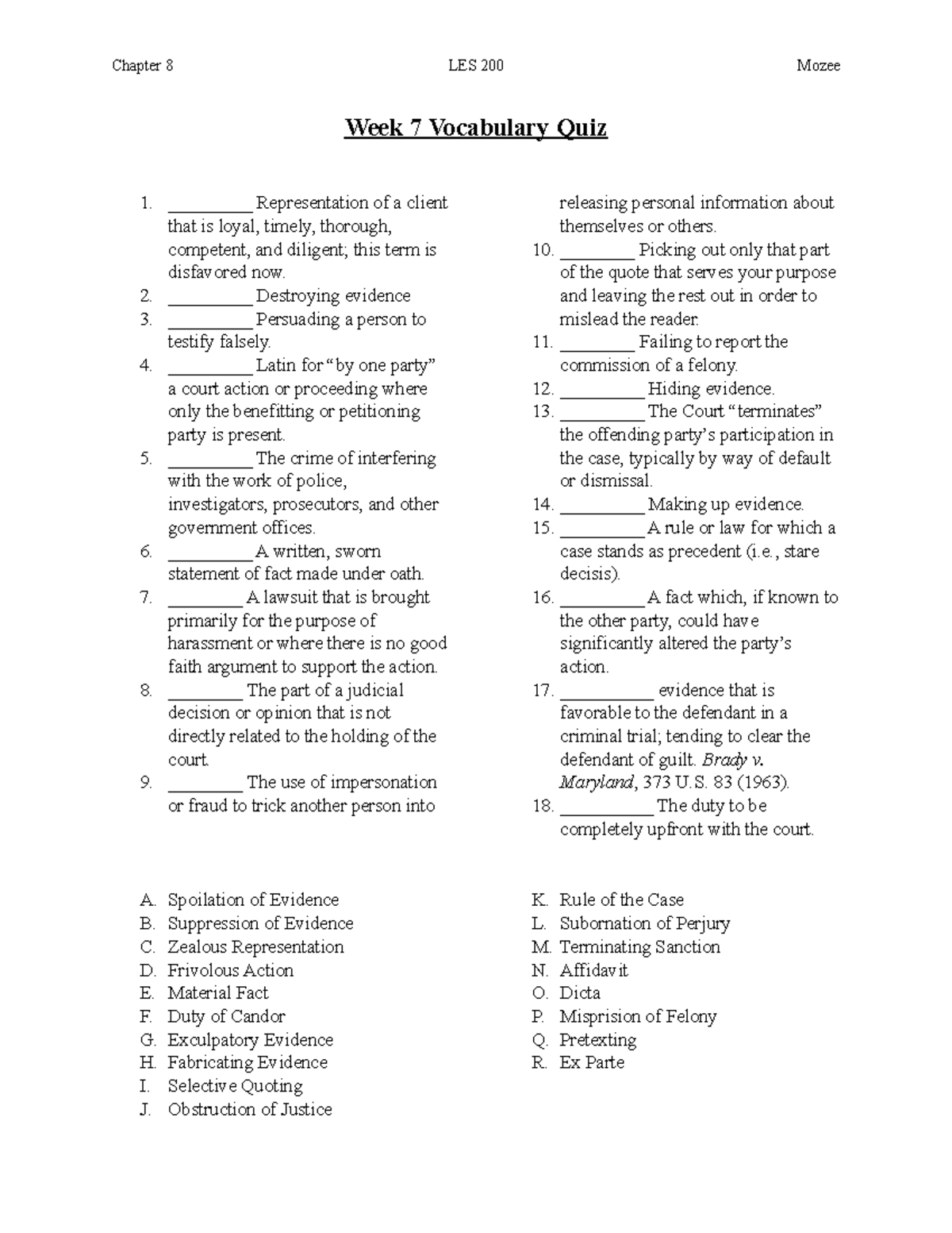 Week 7 Vocabulary Quiz - 8 - Chapter 8 LES 200 Mozee Week 7 Vocabulary ...