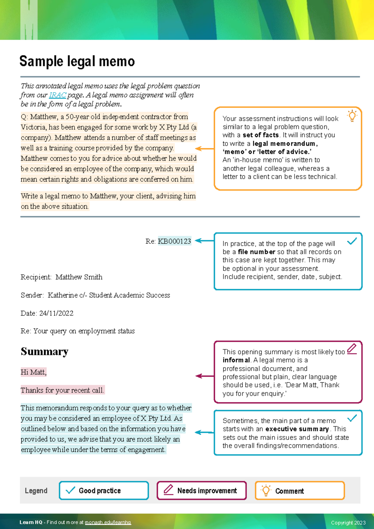 Law Legal memo annotated example - Learn HQ - Find out more at monash ...
