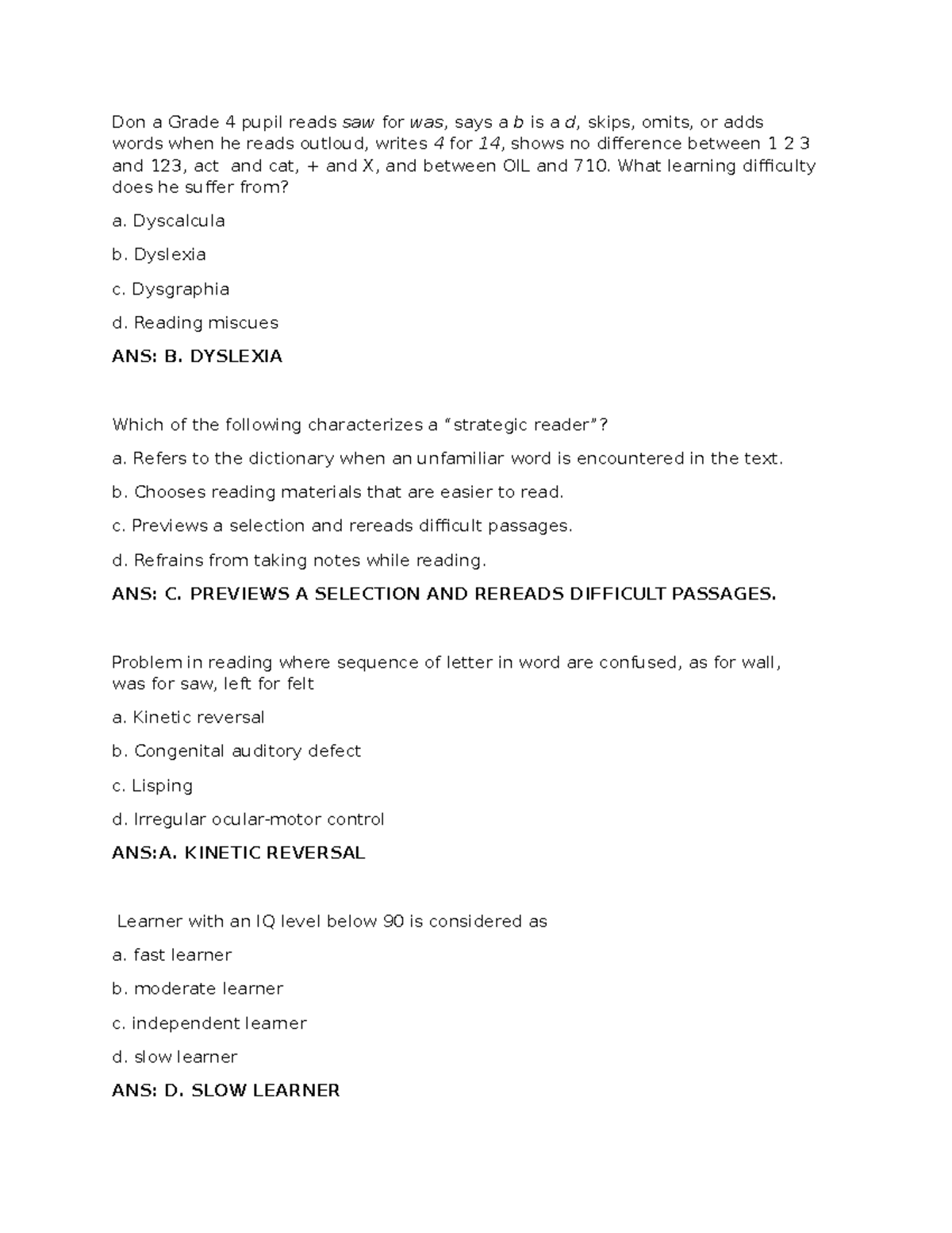 Remedial Instruction EXAM 3 - Don a Grade 4 pupil reads saw for was ...