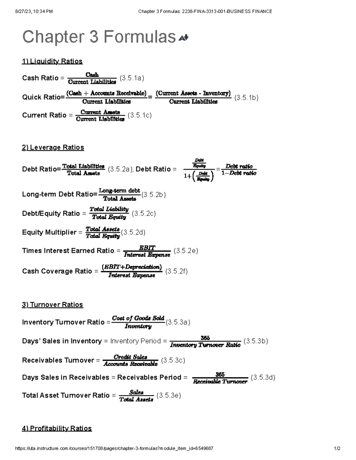 Chapter 3 Formulas 2238-FINA-3313-001- Business Finance - 8/27/23, 10 ...