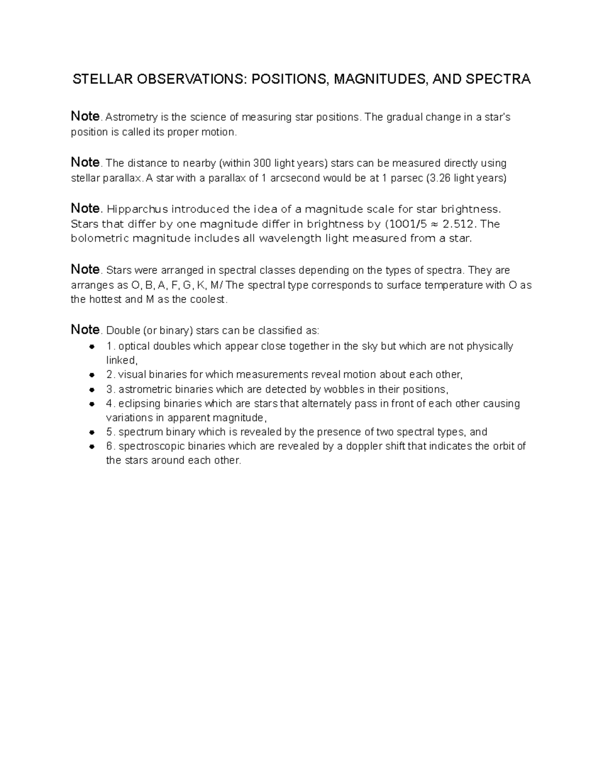 Astronomy Chapter 19 Notes Stellar Observations Positions, Magnitudes ...