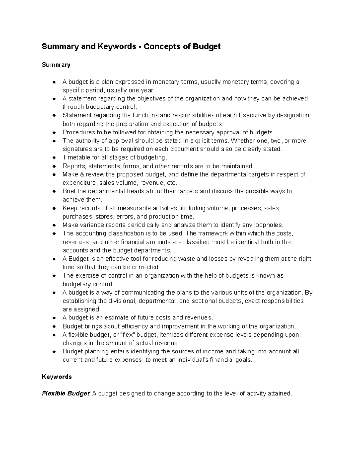 Summary and Keywords - Concepts of Budget - Summary and Keywords ...