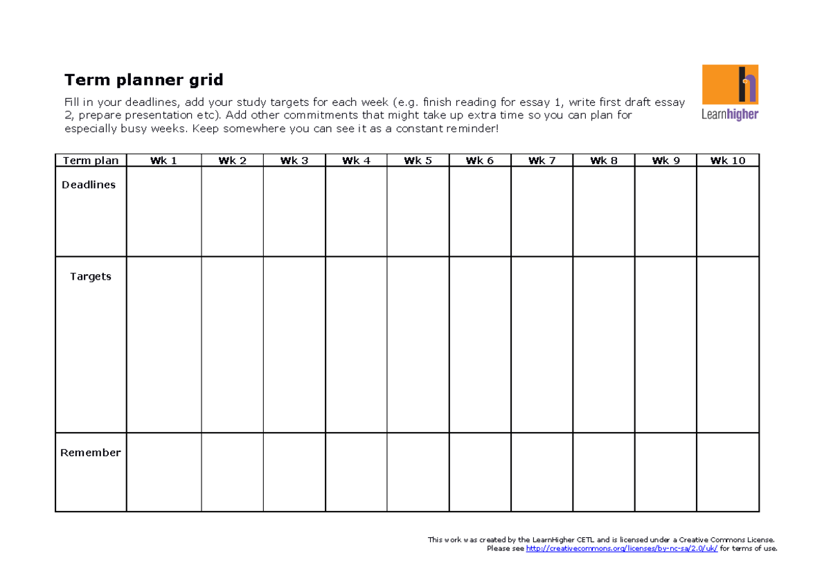 Termly-planner - nnnnkkk - Term planner grid Fill in your deadlines ...