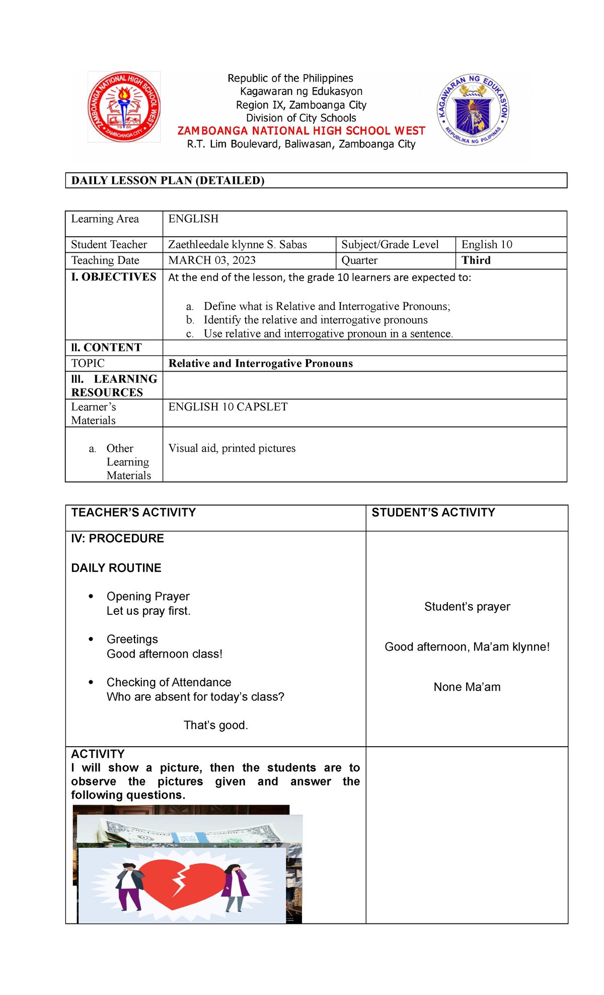 Relative AND Interrogative - DAILY LESSON PLAN (DETAILED) Learning Area ...