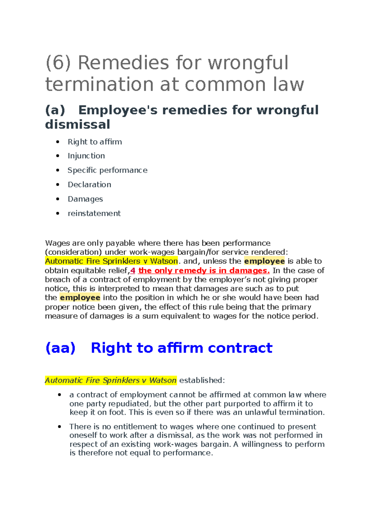 Common law remedies - wrongful termination - (6) Remedies for wrongful ...