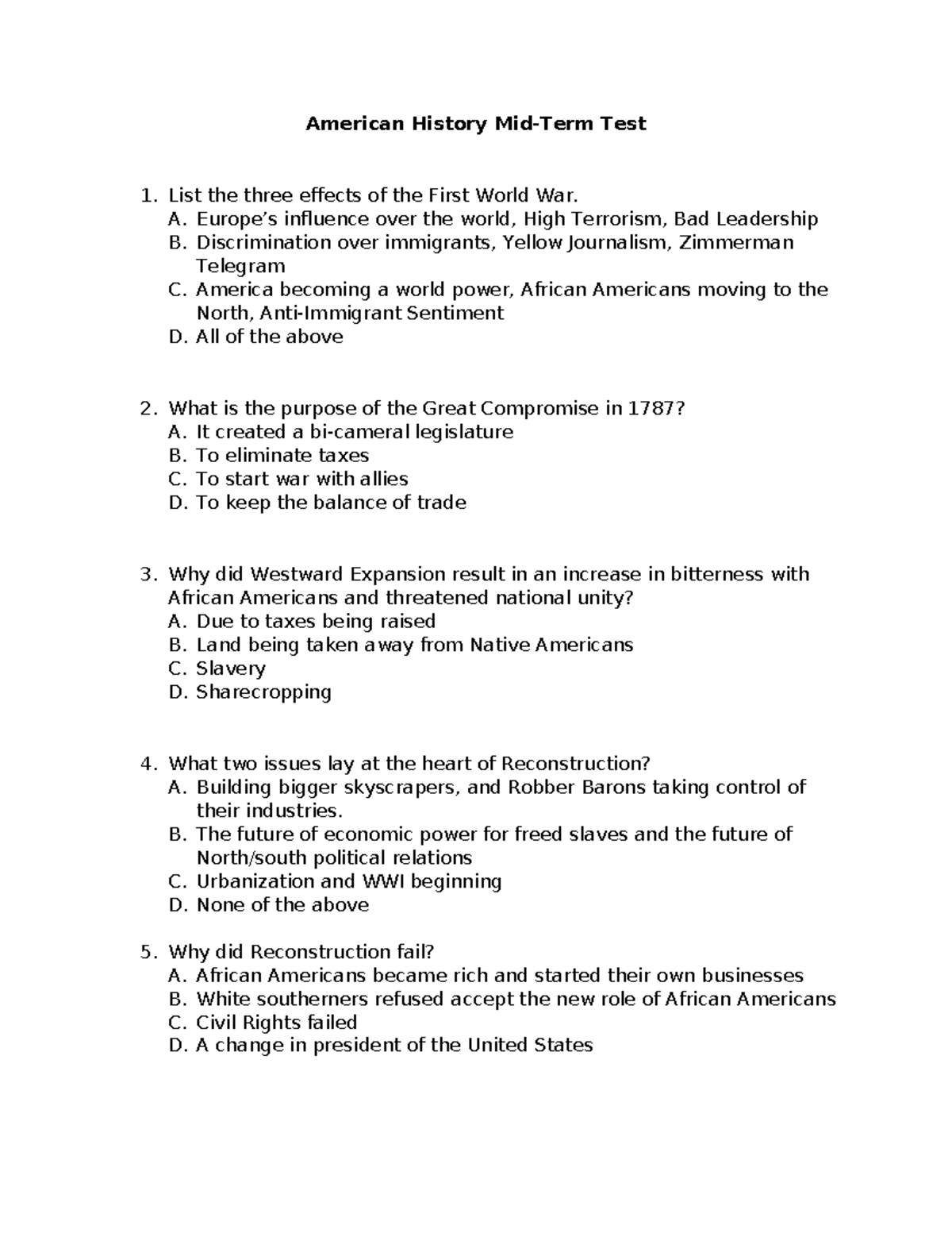 American History Mid Term 23 - American History Mid-Term Test List the ...