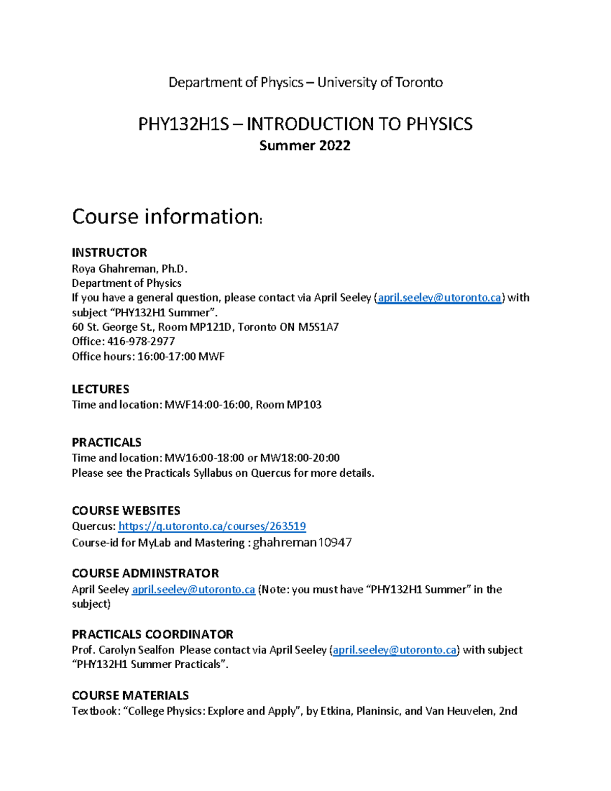 PHY 132 Syllabus - Department of Physics – University of Toronto PHY132H1S – INTRODUCTION TO ...