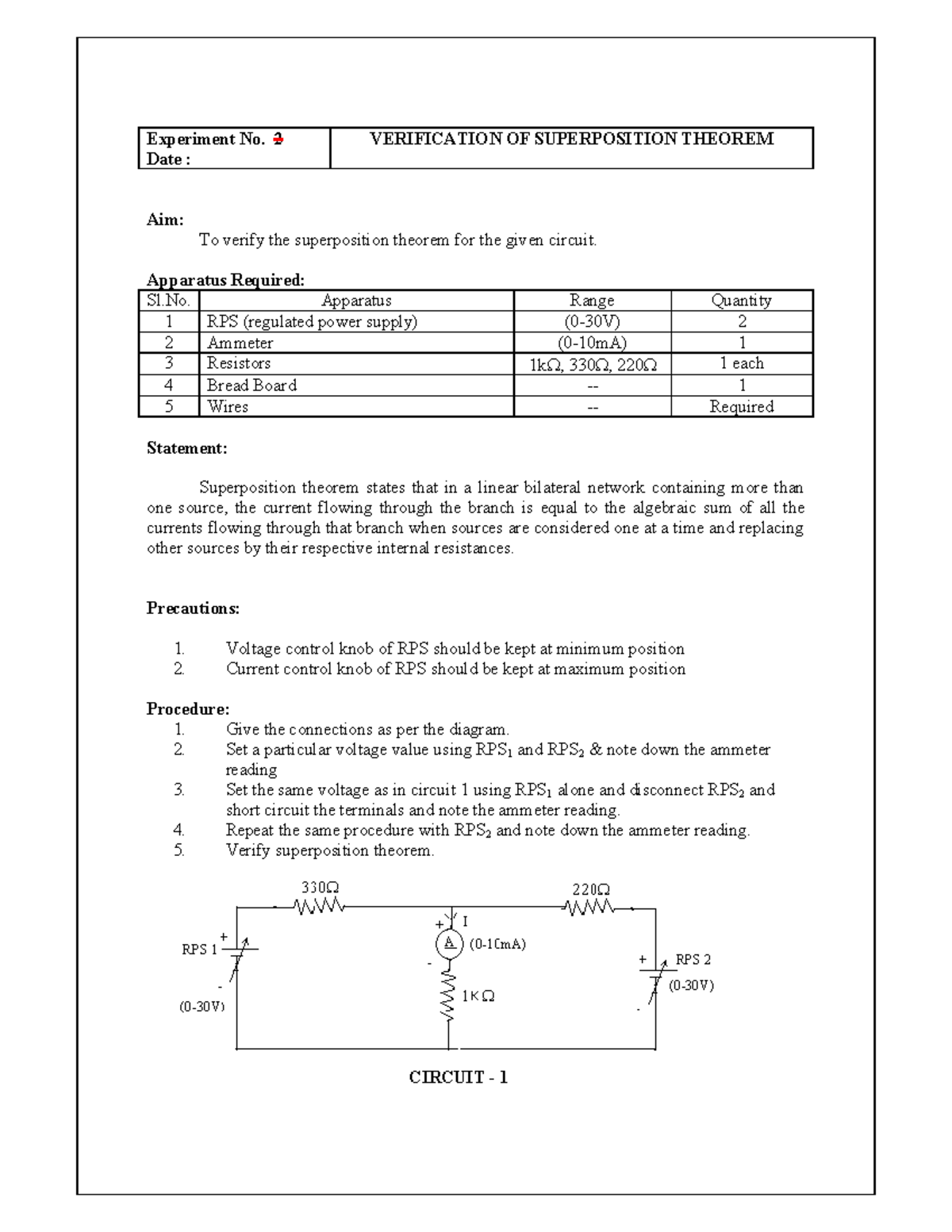 Expt 03 superposition - Vdjsjd - Experiment No. 2 Date : VERIFICATION ...