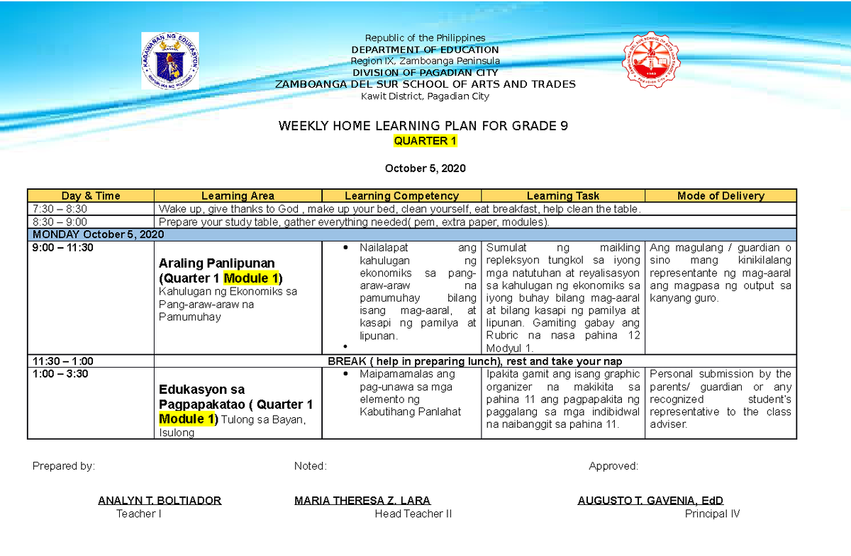 Weekly Home Learning Plan - Republic of the Philippines DEPARTMENT OF ...