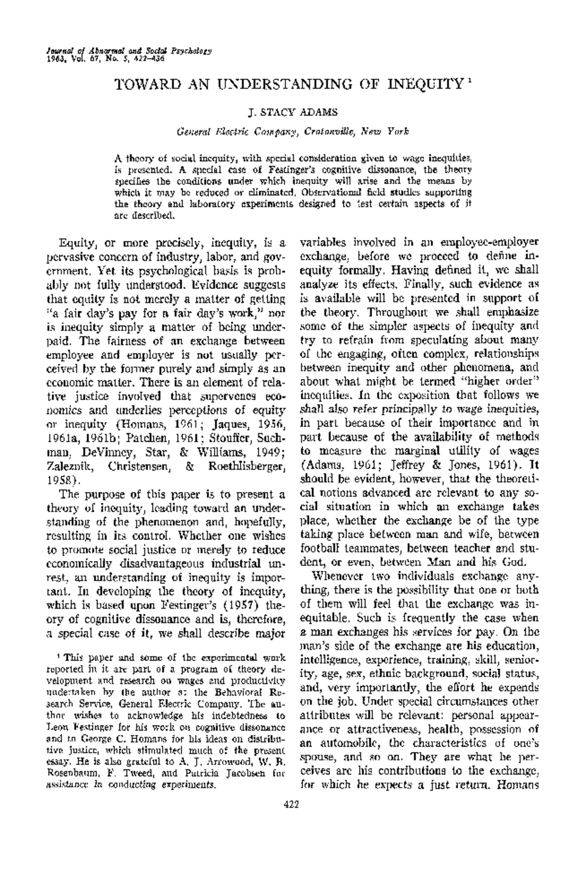 Adams (1963) understanding of inequity - Journal of Abnormal and ...