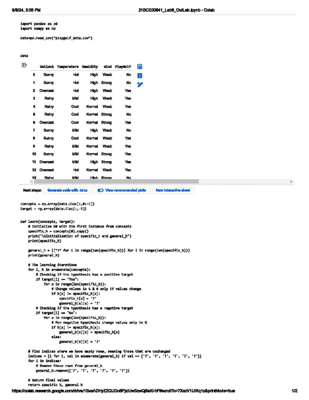21BCE00841 Lab6 Out Lab - 3:58 PM 21BCE00841_Lab6_OutLab Colab import pandas as pd import numpy ...