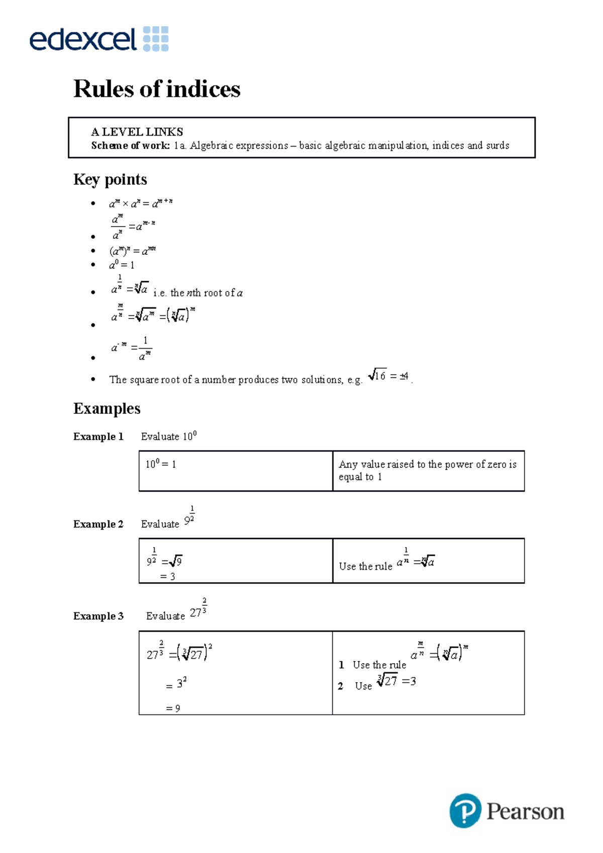 1a-3 Rules of Indices - Rules of indices A LEVEL LINKS Scheme of work ...