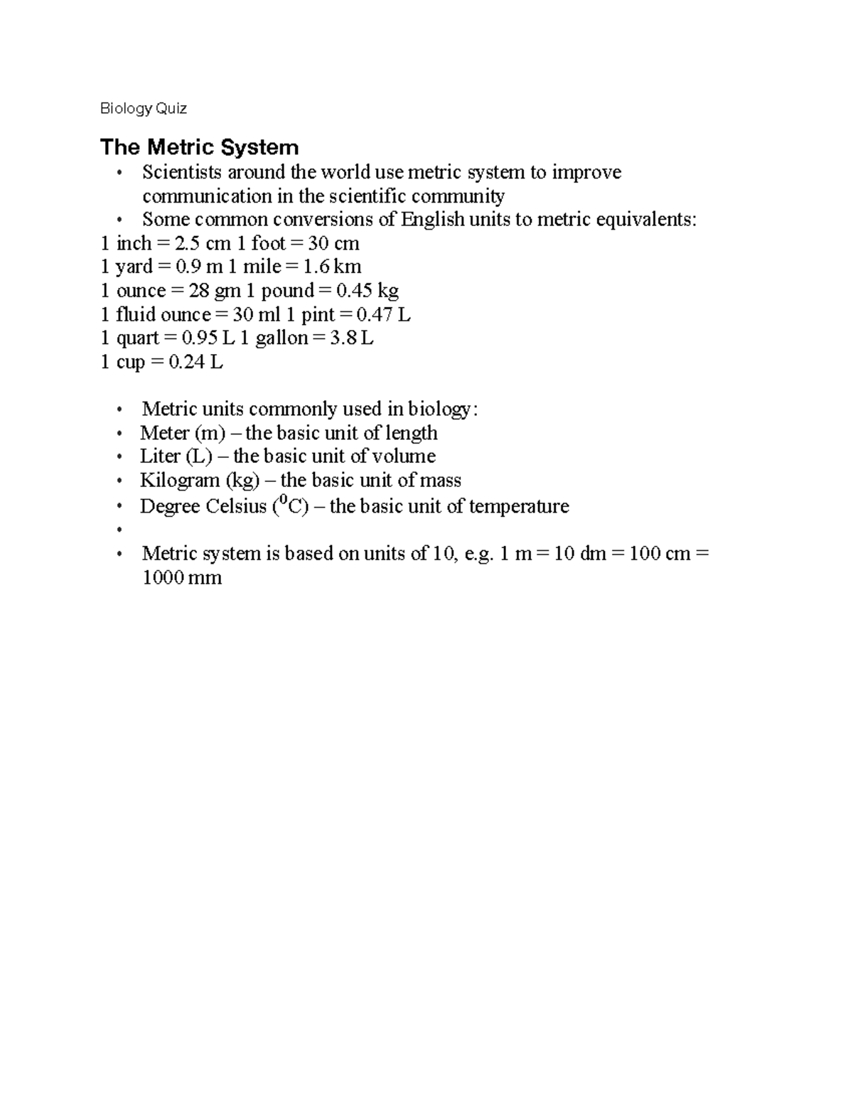Biology Notes Basics - Biology Quiz The Metric System Scientists around ...