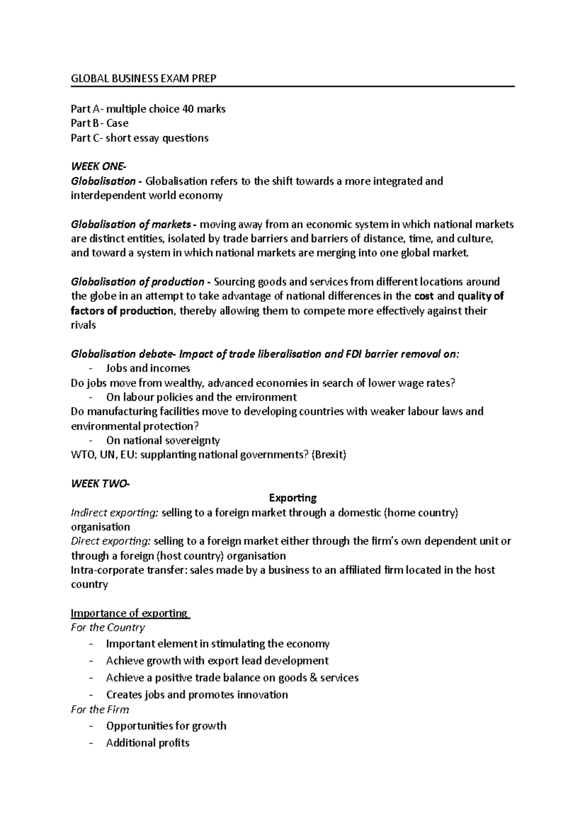 Global Revision - GLOBAL BUSINESS EXAM PREP Part multiple choice 40 ...