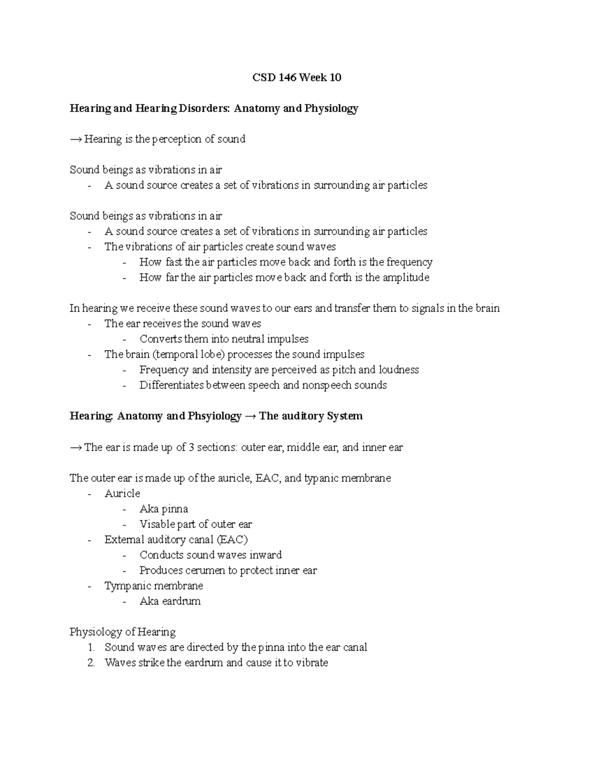 CSD Week 10 - Professor Byrd - CSD 146 Week 10 Hearing and Hearing ...