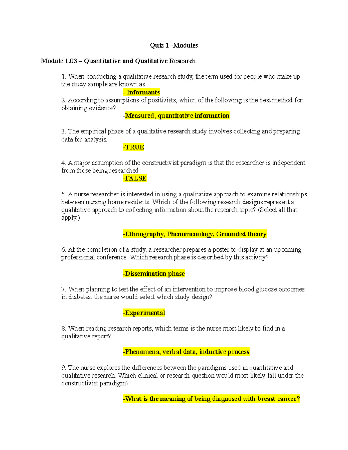 Quiz 1- Coursepoint Module - Quiz 1 -Modules Module 1 – Quantitative ...