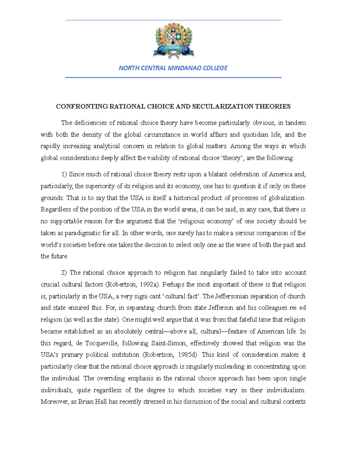 Confronting Rational Choice AND Secularization Theories - CONFRONTING ...