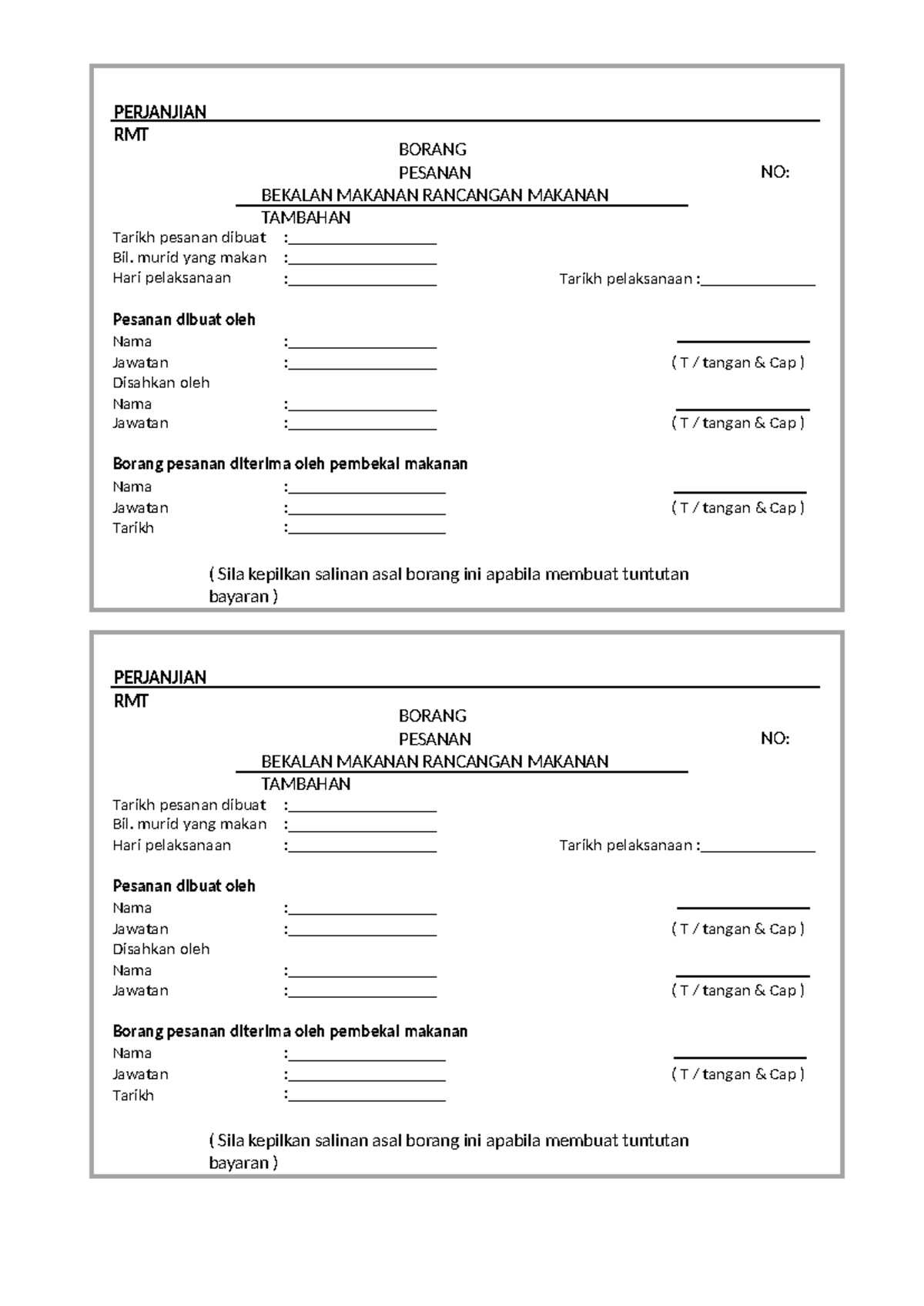 Borang pesanan RMT 2024 - PERJANJIAN RMT BORANG PESANAN NO: BEKALAN ...