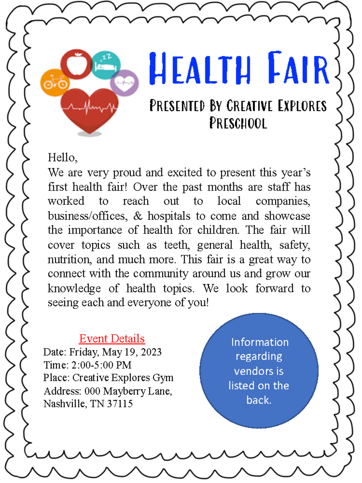 ECE-300 Health Fair Flyer - Health Fair Presented By Creative Explores ...