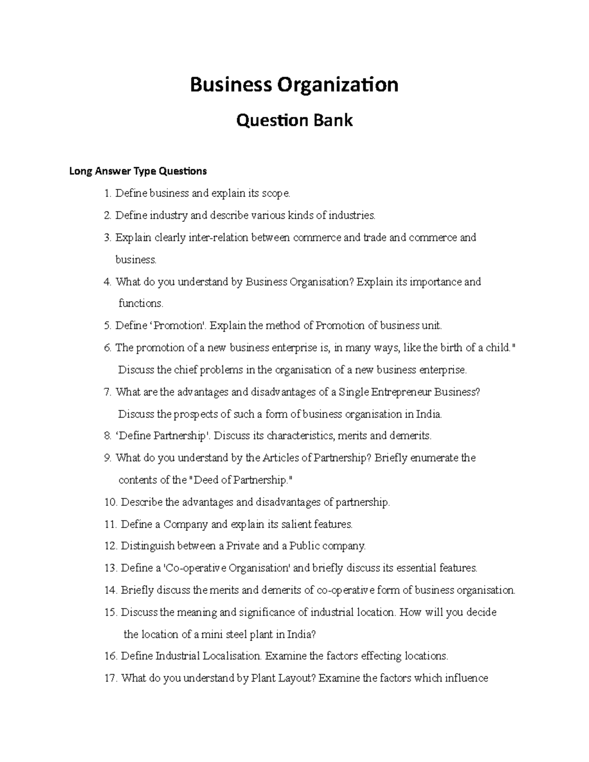 Question Bank (Important Question) - Business Organization Question ...