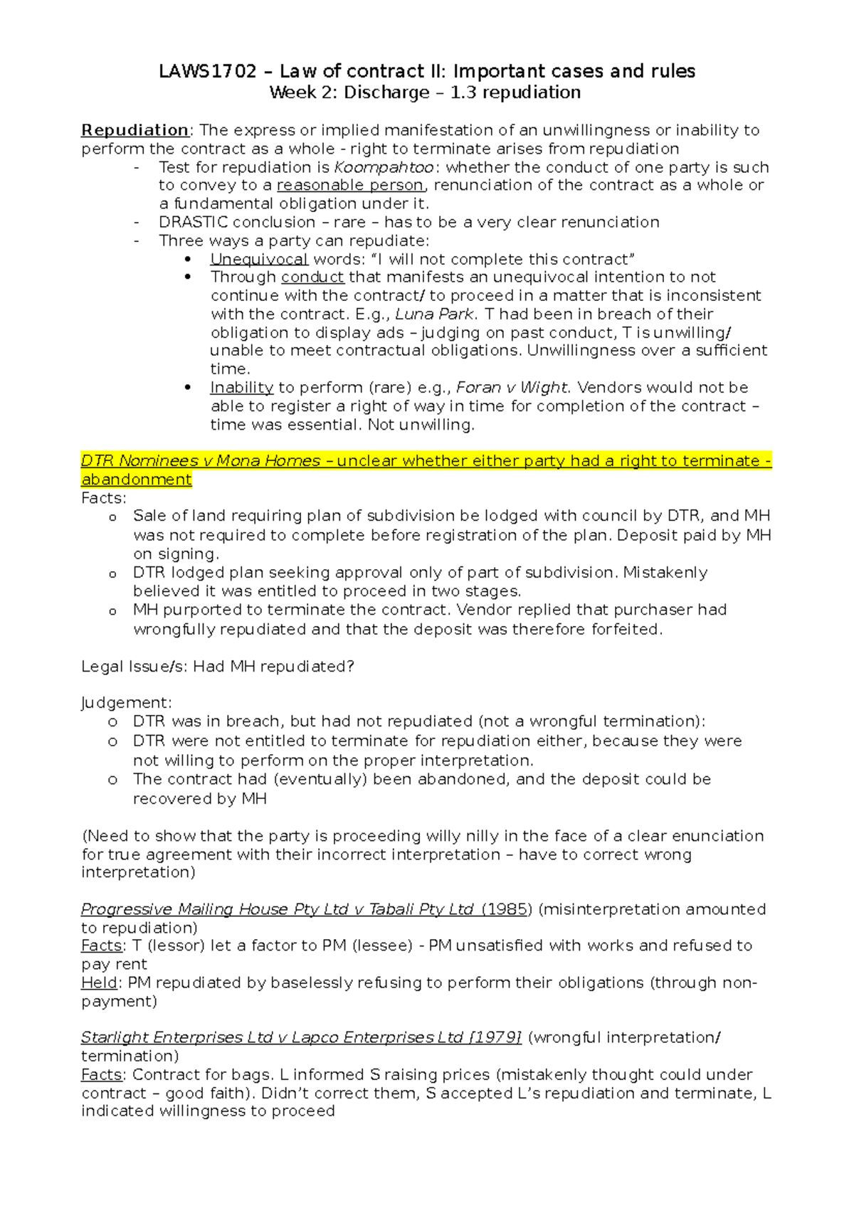 Contracts II important cases - W2 - LAWS1702 – Law of contract II ...