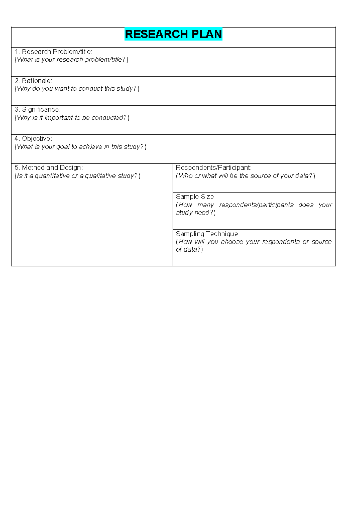 Research-PLAN - plan - RESEARCH PLAN Research Problem/title: (What is ...