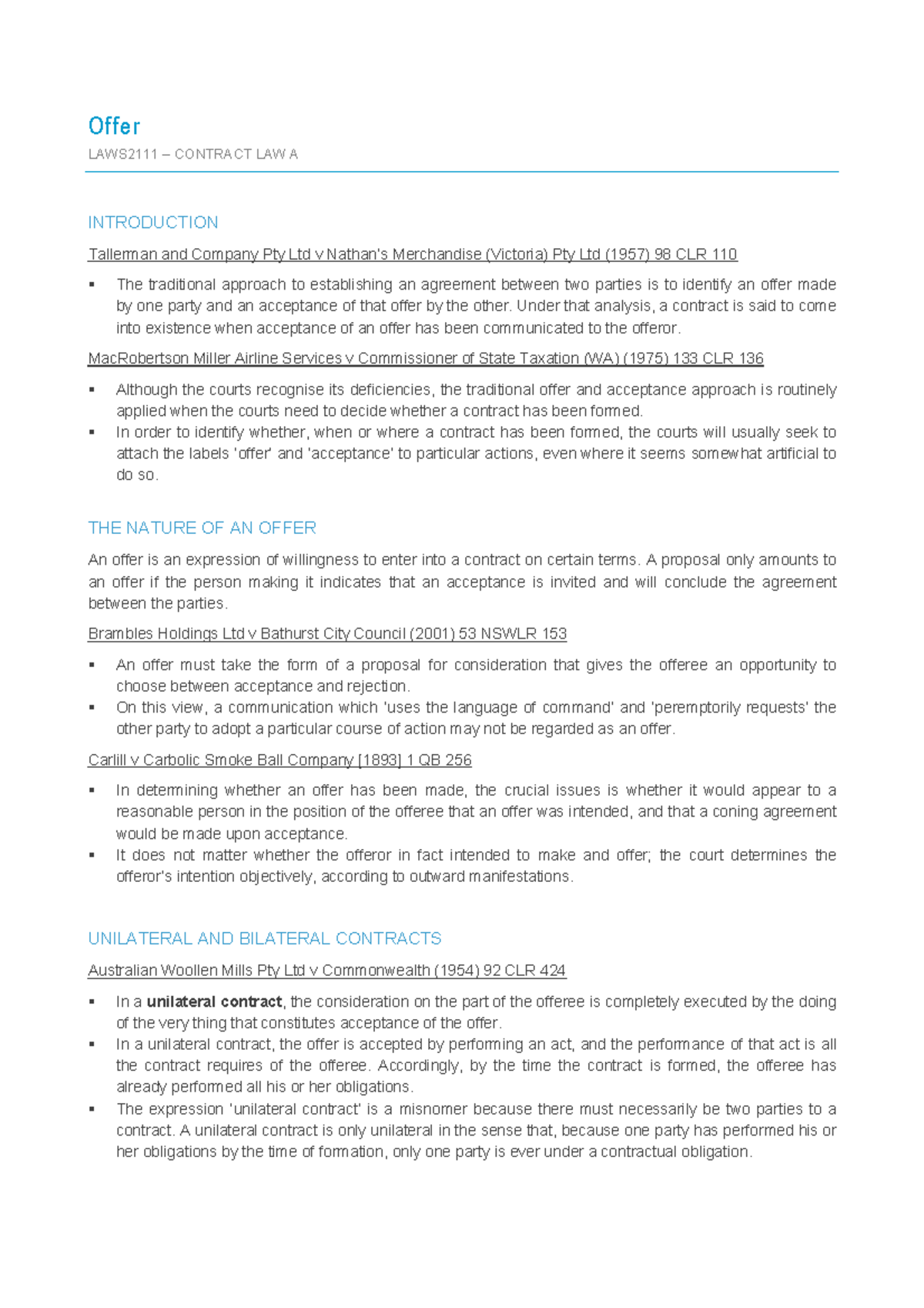 Summary complete - Offer - Offer LAWS2111 – CONTRACT LAW A INTRODUCTION ...