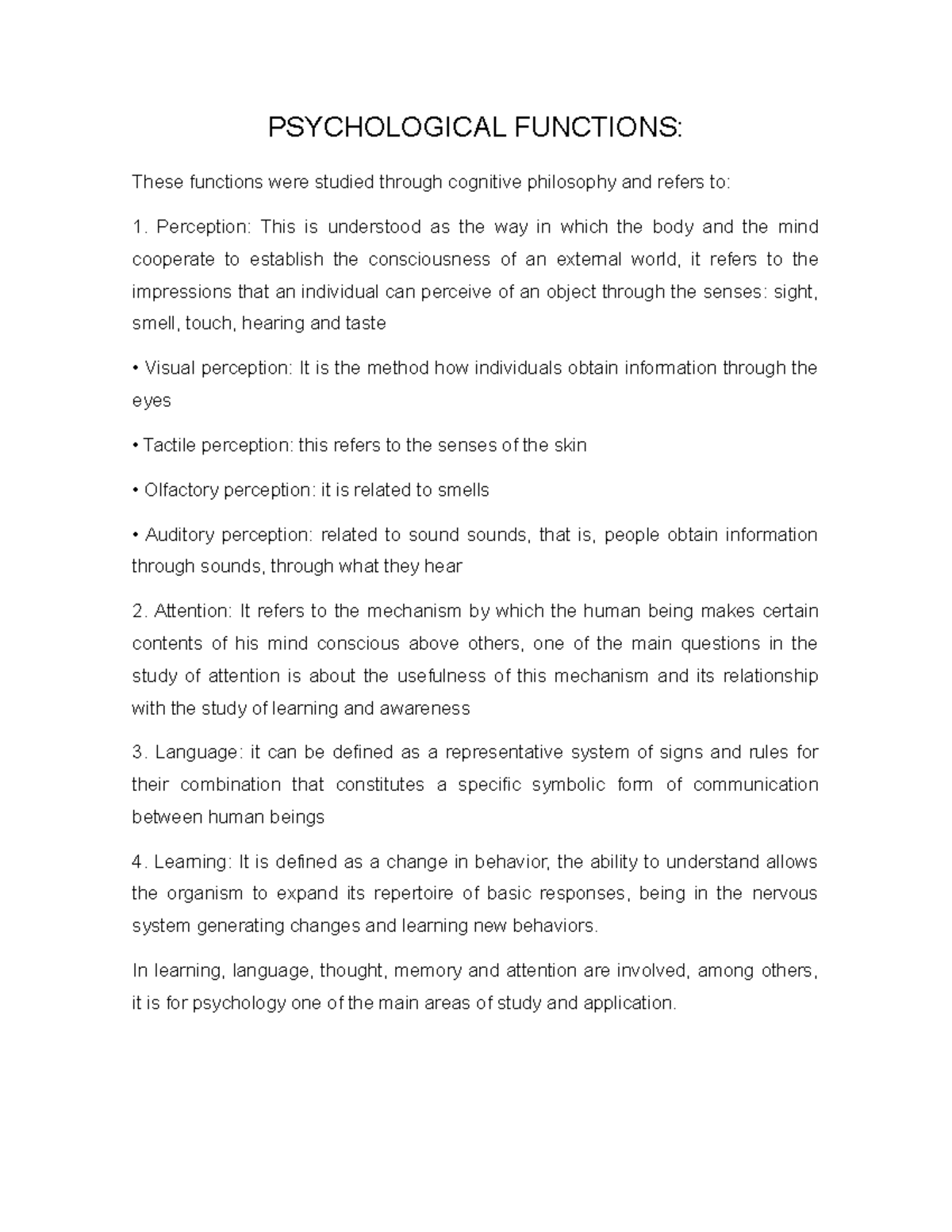 Psychological Functions - PSYCHOLOGICAL FUNCTIONS: These functions were ...