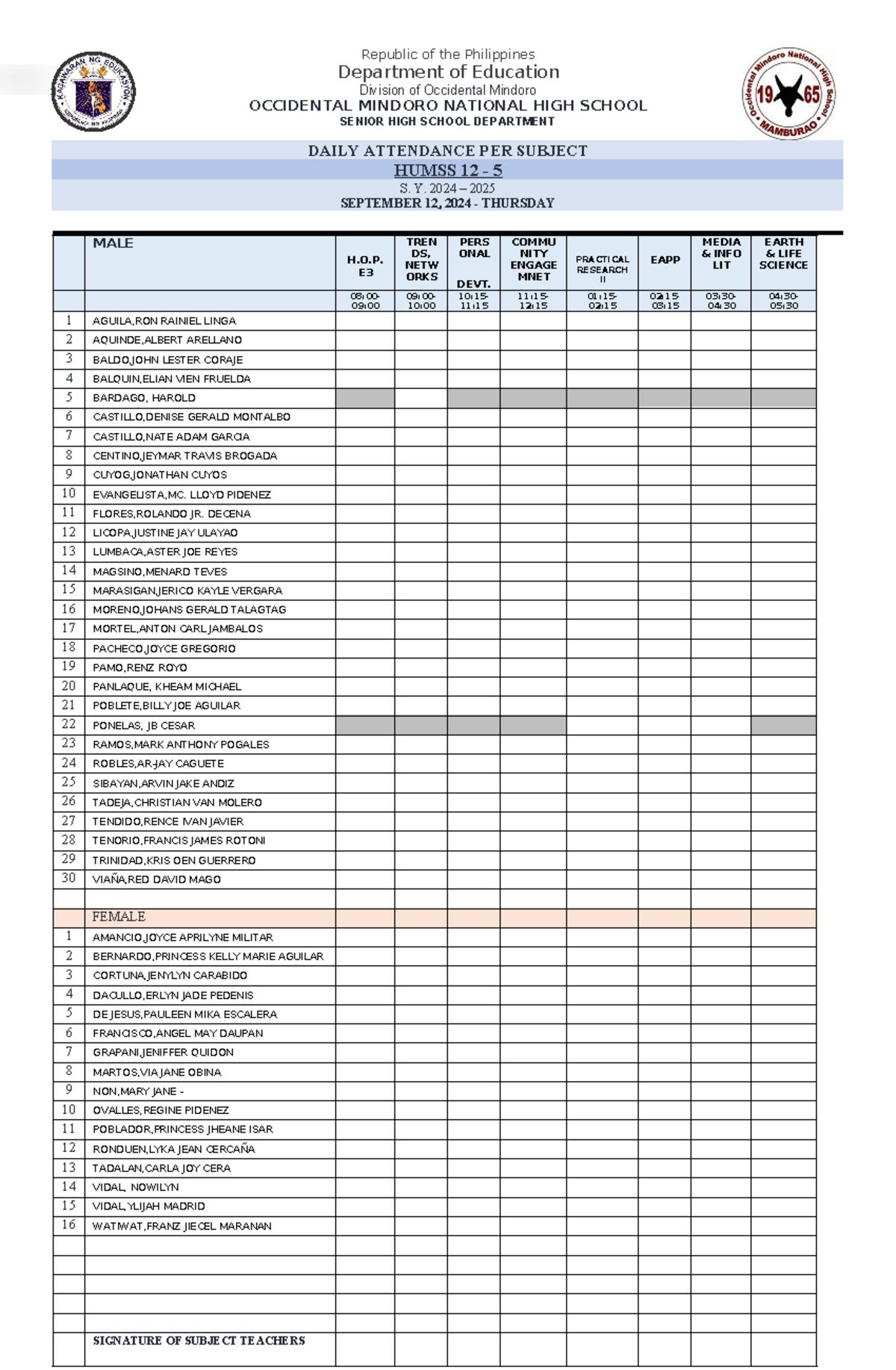 Attendance per Day per Subject - Republic of the Philippines Department ...