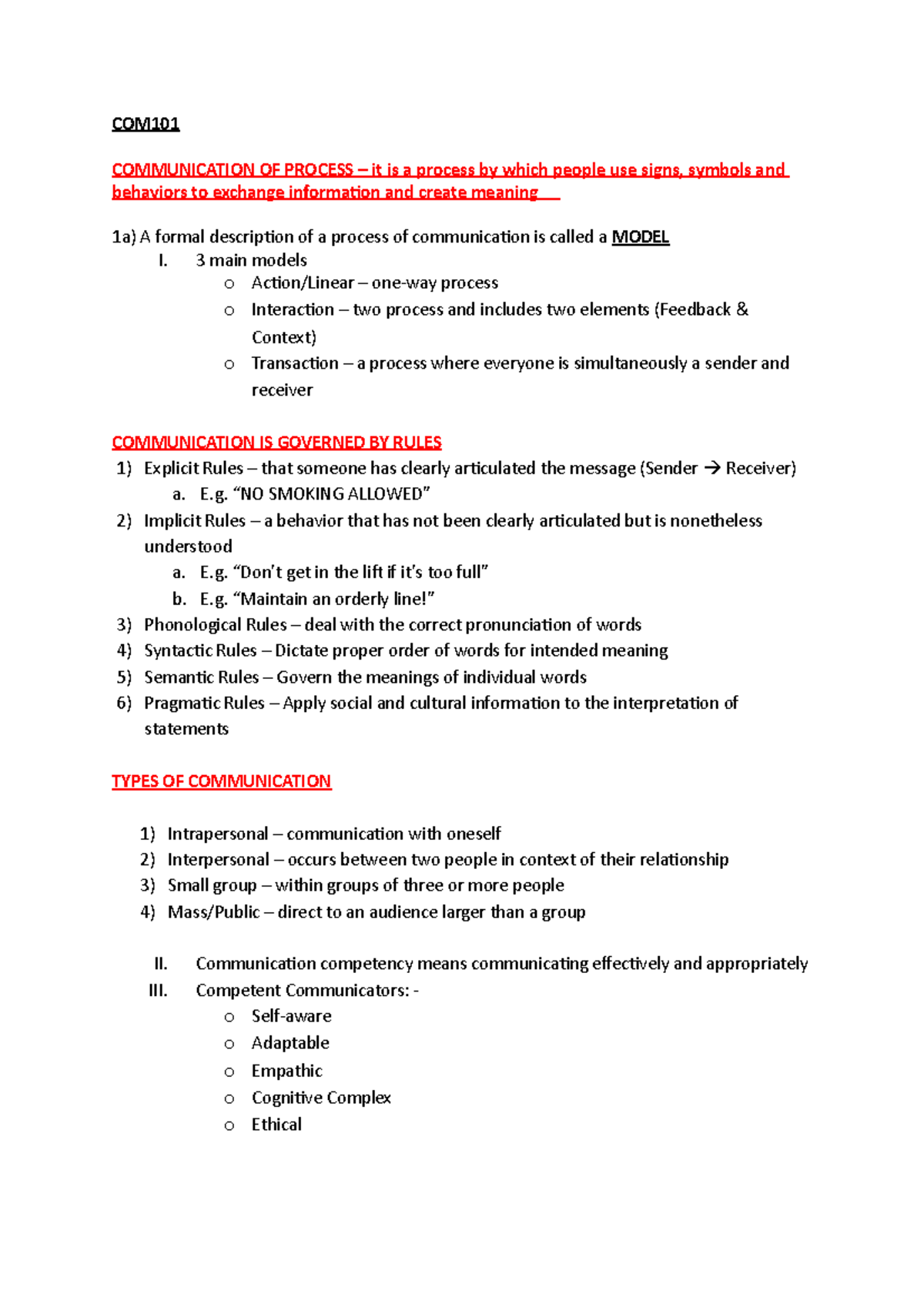 COM101 notes - COM COMMUNICATION OF PROCESS – it is a process by which ...