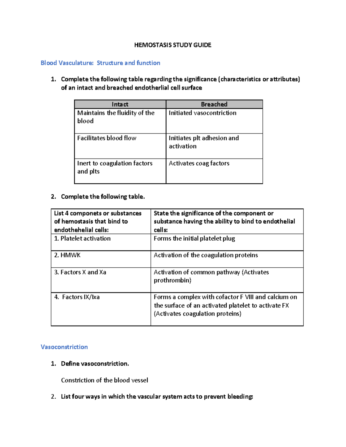 Hemostasis Review - HEMOSTASIS STUDY GUIDE Blood Vasculature: Structure ...