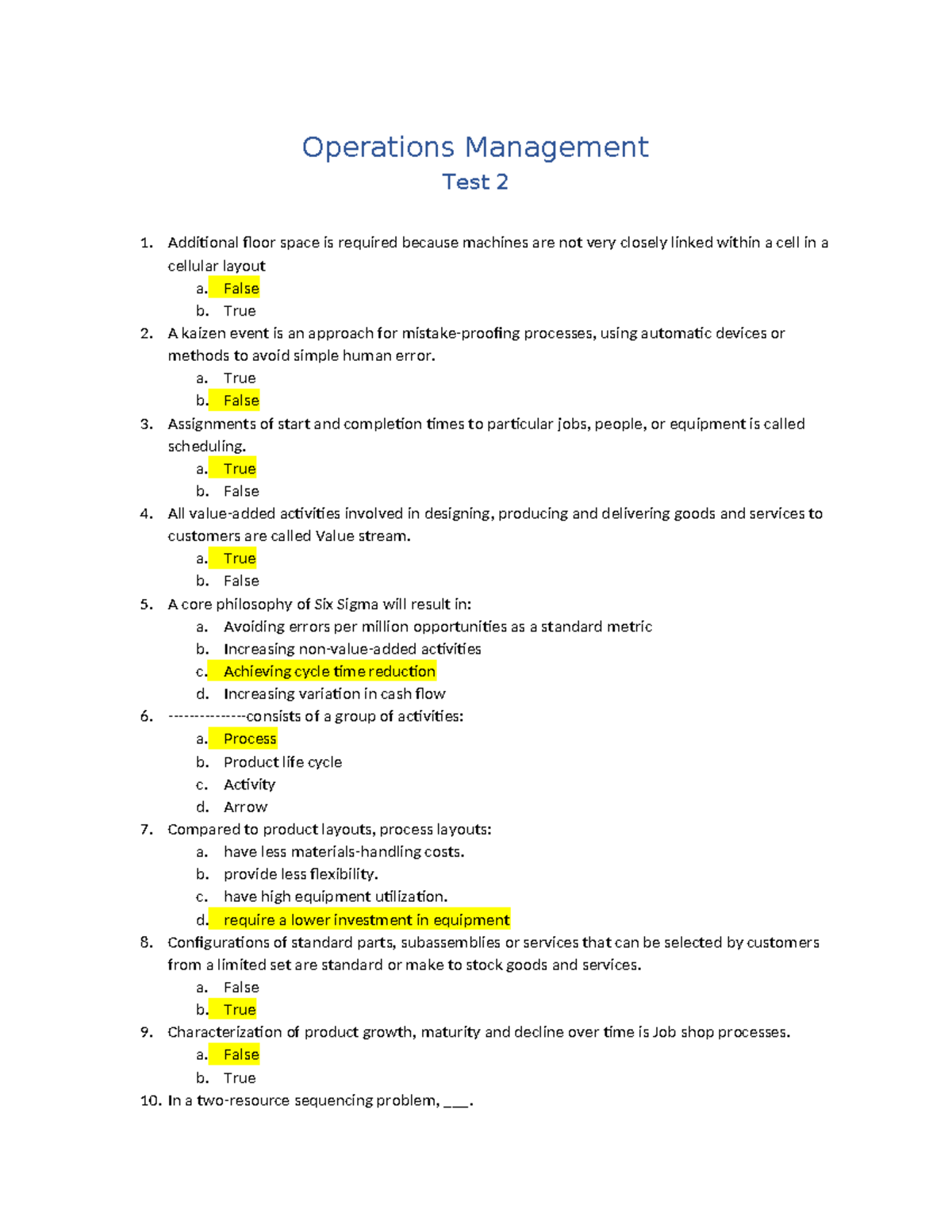 OM Test 2 - opreation management - Operations Management Test 2 ...
