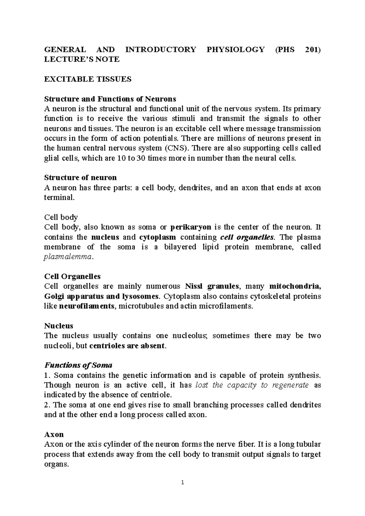 Students COPY Excitable Tissues - GENERAL AND INTRODUCTORY PHYSIOLOGY (PHS 201) LECTURE’S NOTE ...