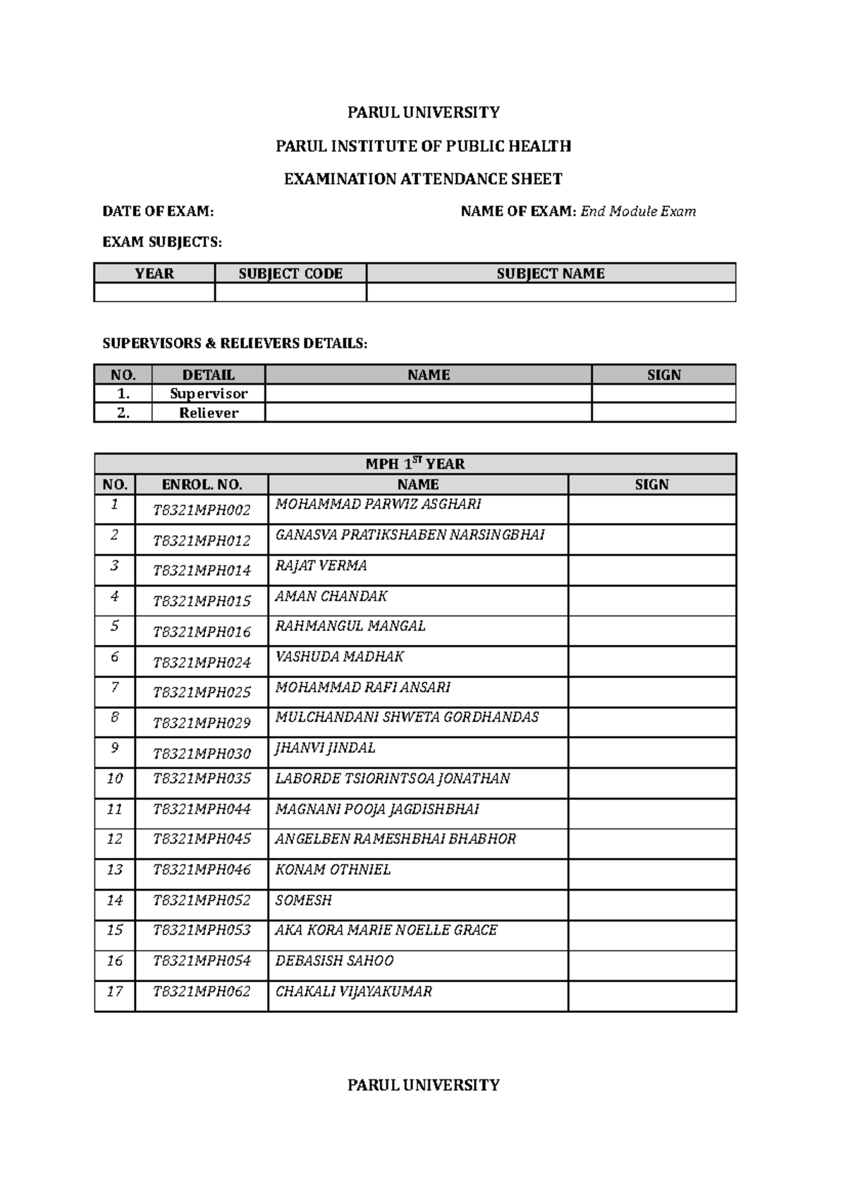 EXAM Attendance Sheet - EH, OH Result -1,2,3 for Monday and other ...