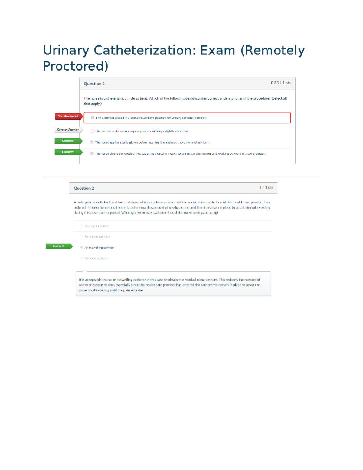 Urinary Catheterization Exam - PN 105 - Studocu