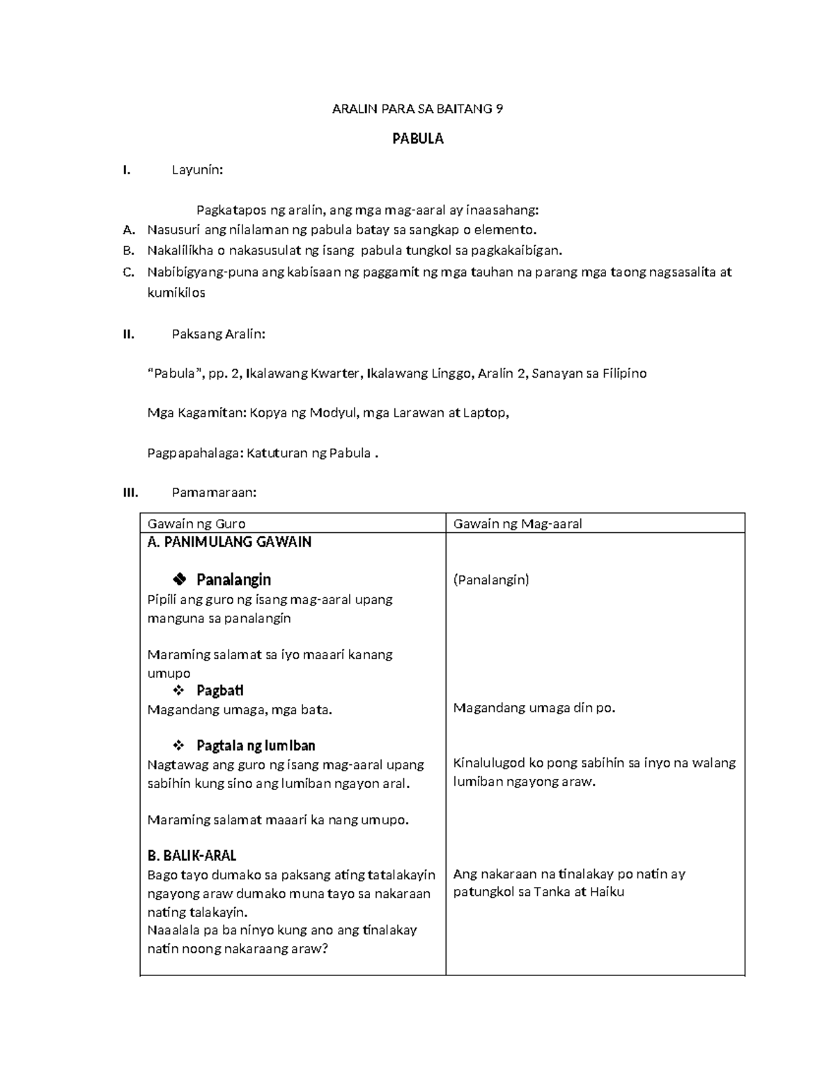 Lesson Plan Pabula - Use this as references - ARALIN PARA SA BAITANG 9 ...