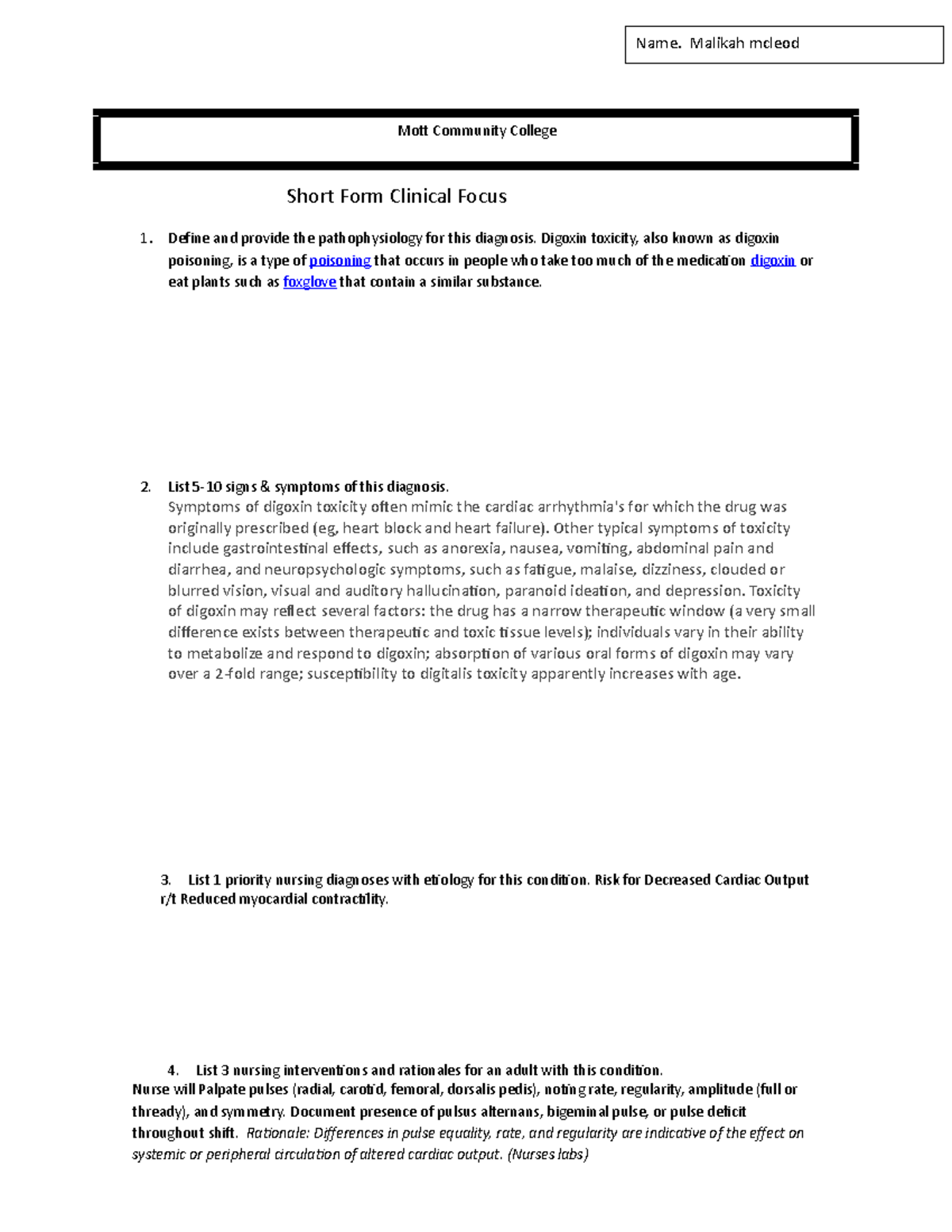 Mary focus - Mot Community College Short Form Clinical Focus 1. Define ...