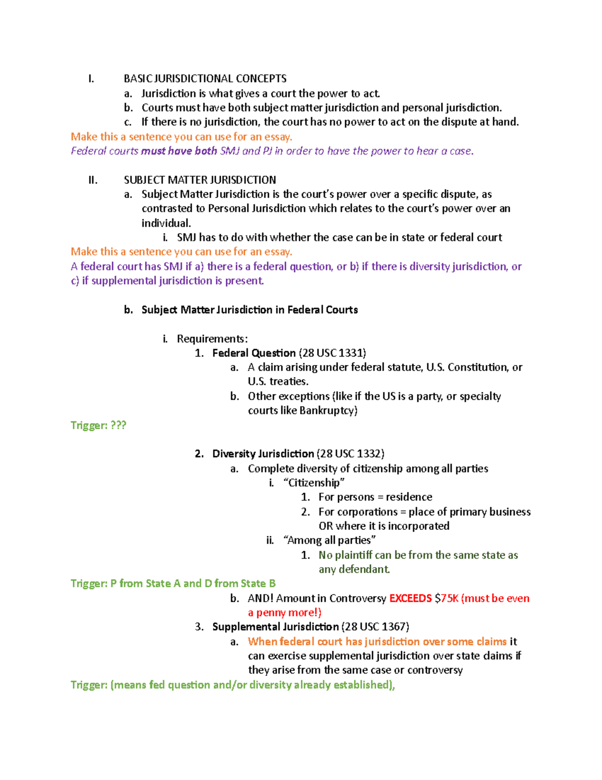 Outline model - I. BASIC JURISDICTIONAL CONCEPTS a. Jurisdiction is ...
