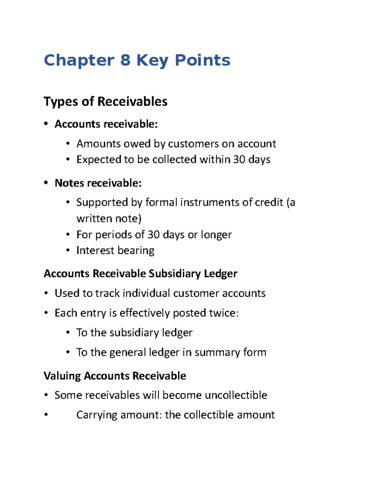 Chapter 8 Key Points - Chapter 8 Key Points Types of Receivables • Accounts receivable ...